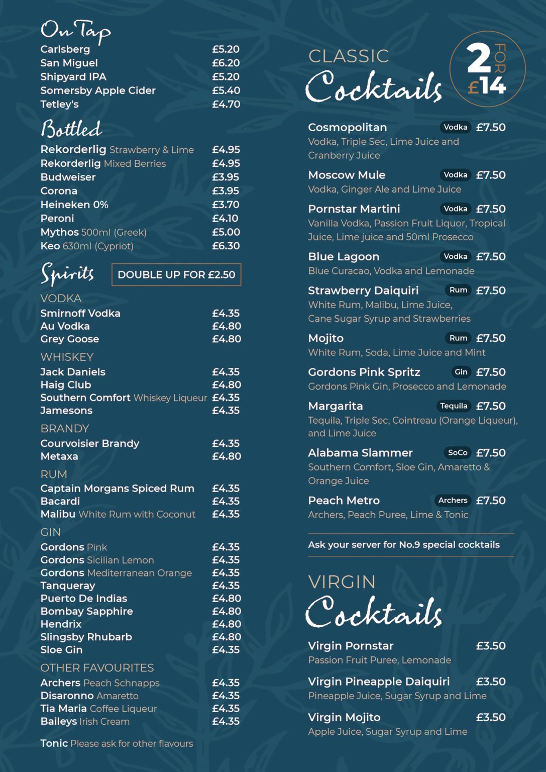 Menus - No9 Bar & Restaurant