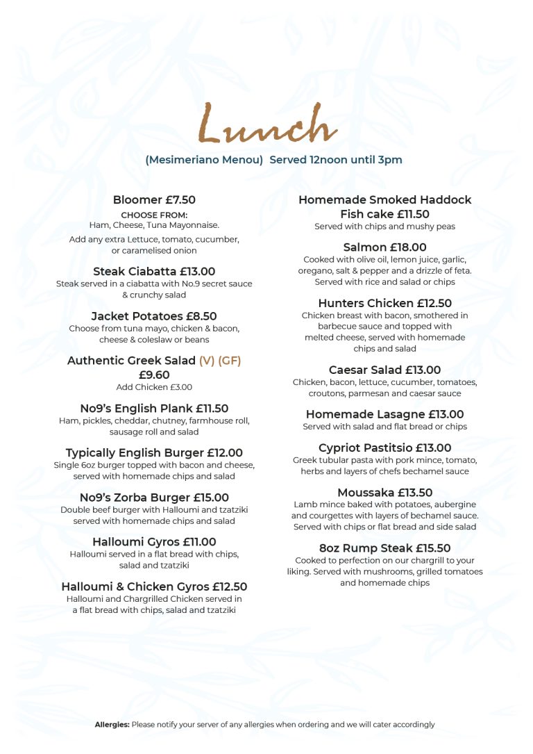 Menus - No9 Bar & Restaurant